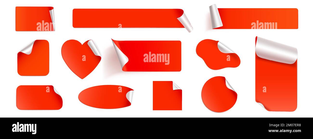 Red peel off stickers, foil patches mockup. Blank labels of heart ...