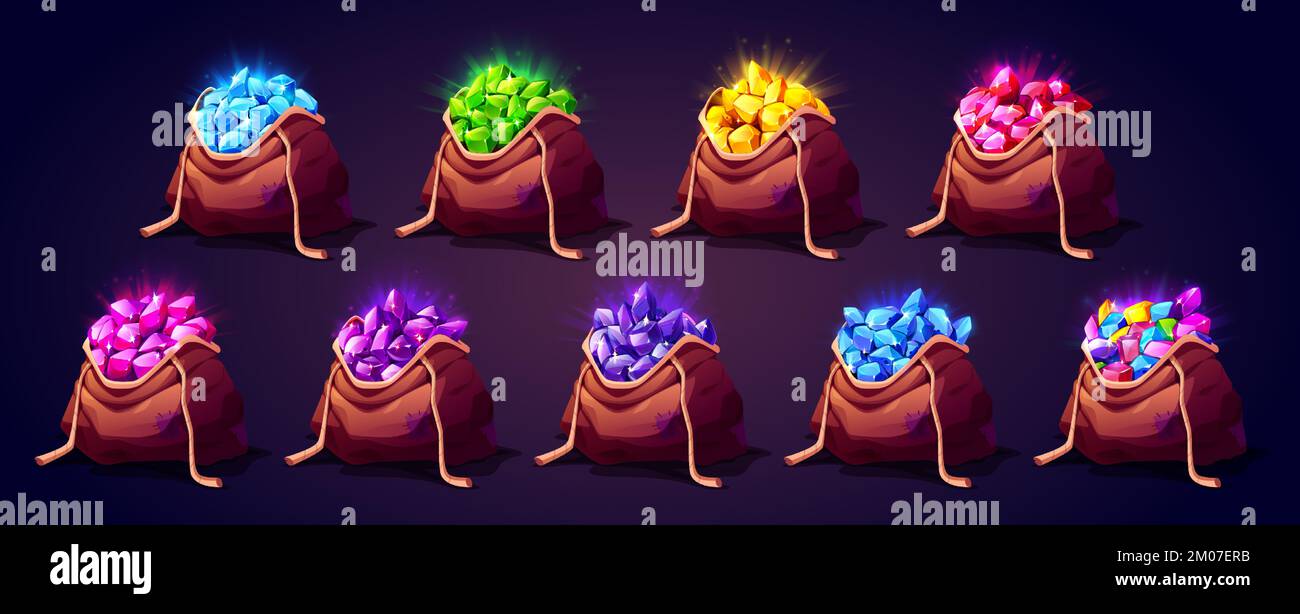 Gem stones in sacks game props icons bundle. Colorful crystals in bags ...