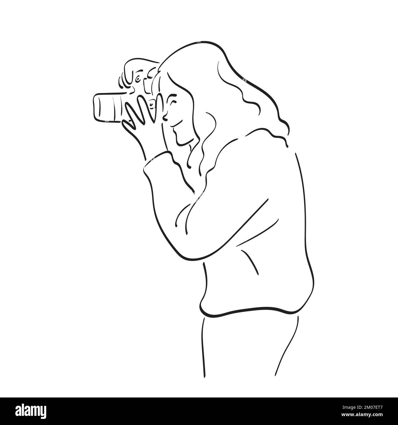 Side View Of Female Photographer Using Dslr Camera Illustration Vector