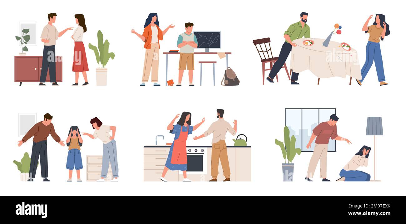 Family conflicts. Unhappy spouses and children, couples scandals, angry ...