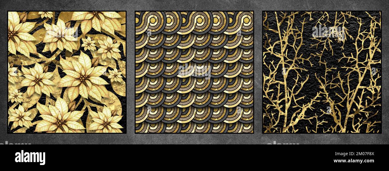Modern Nordic black and golden modern wall decor. 3d abstract marble ...