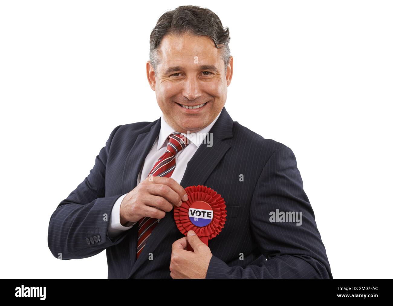 Make your vote count. Portrait of a man in a suit with a voting ribbon ...