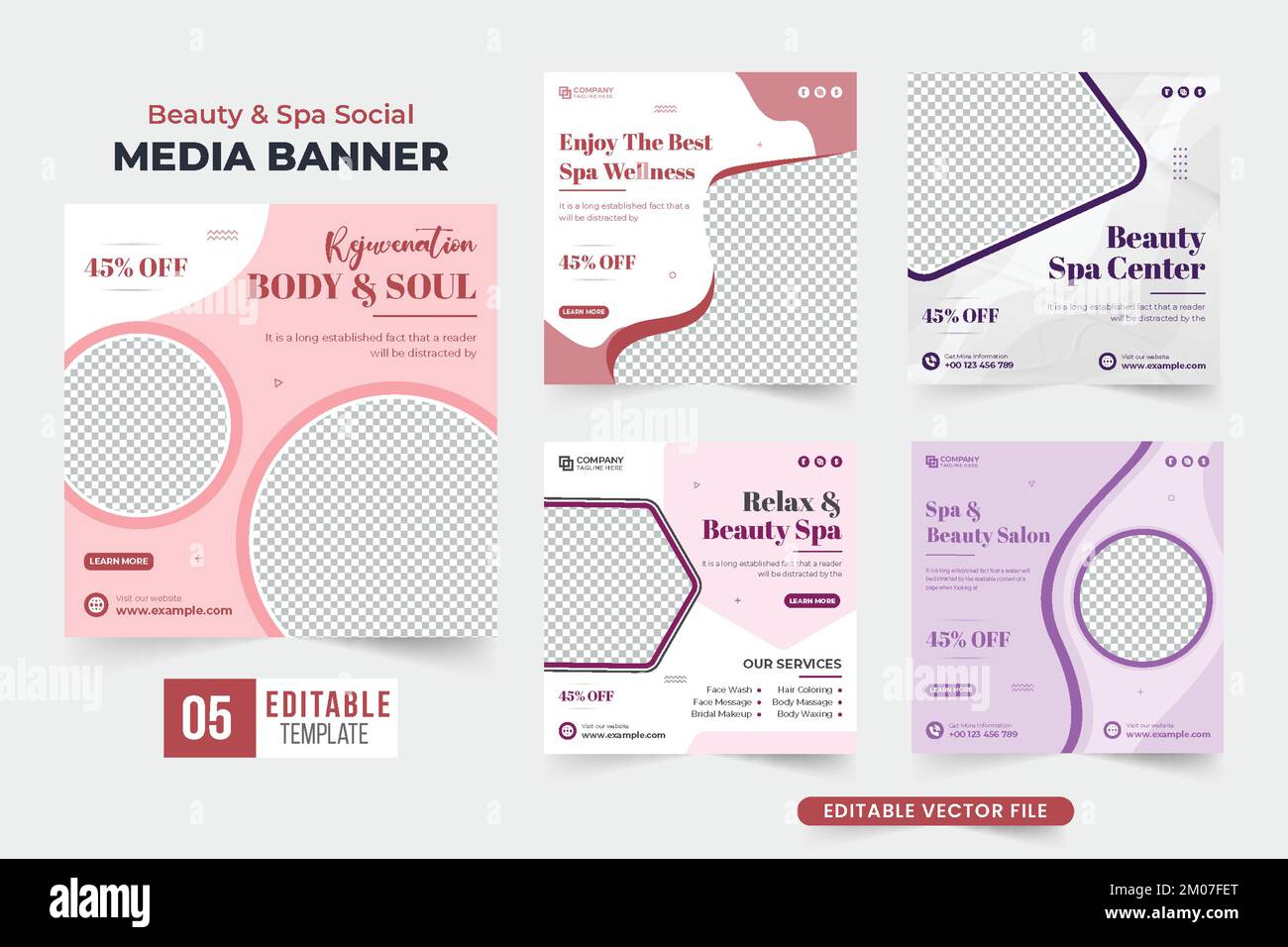 Beauty and spa social media post set vector with pink and blue colors ...