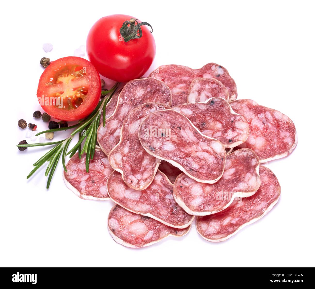 Spanish Fuet thin dried salami sausage isolated on a white background ...