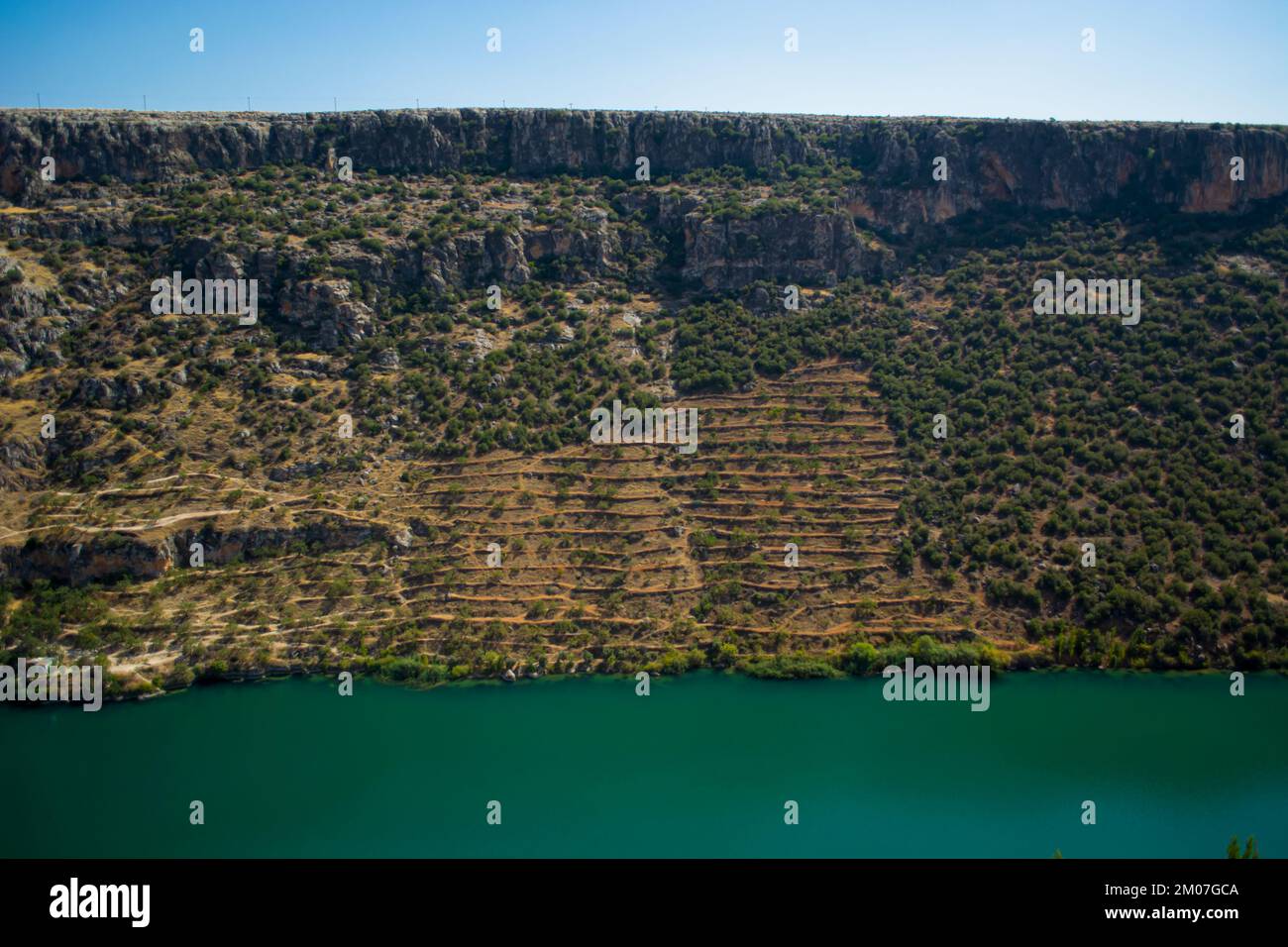 agricultural lands by the riverside with the method of terracing on a ...