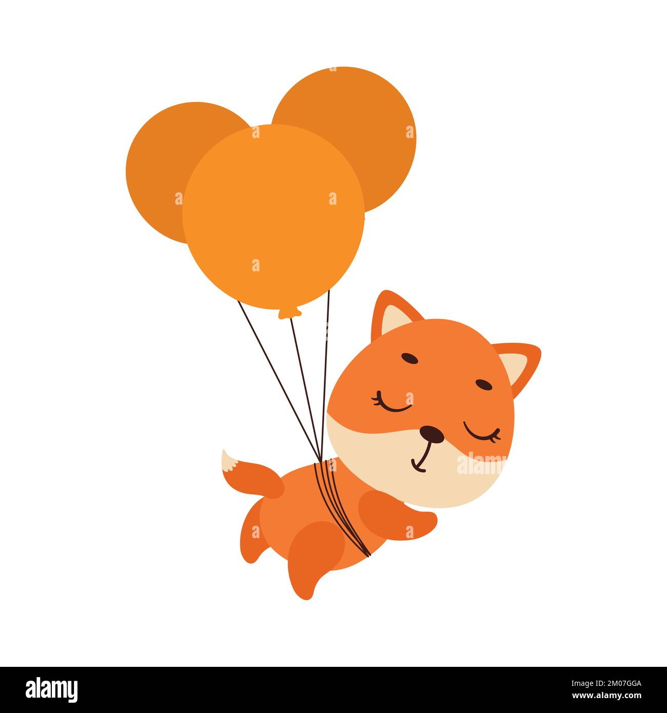 Cute little fox flying on balloons. Cartoon animal character for kids t ...