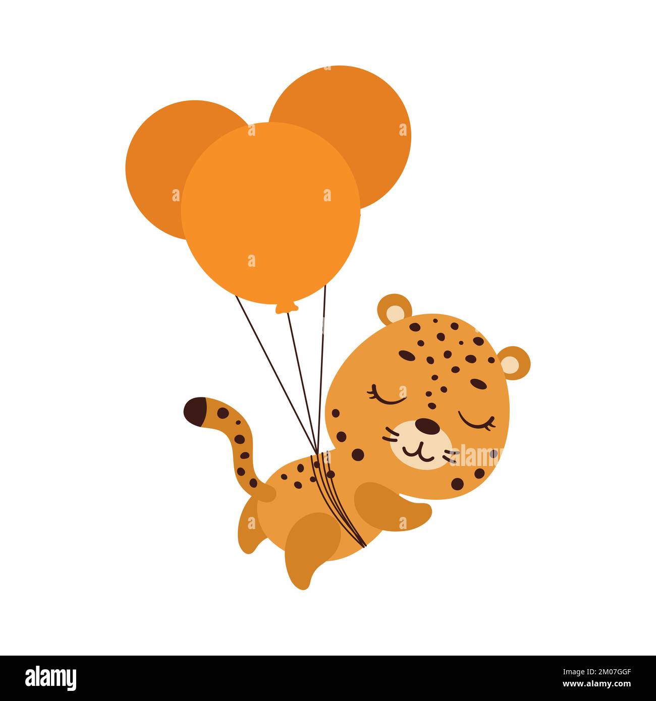 Cute little jaguar flying on balloons. Cartoon animal character for ...