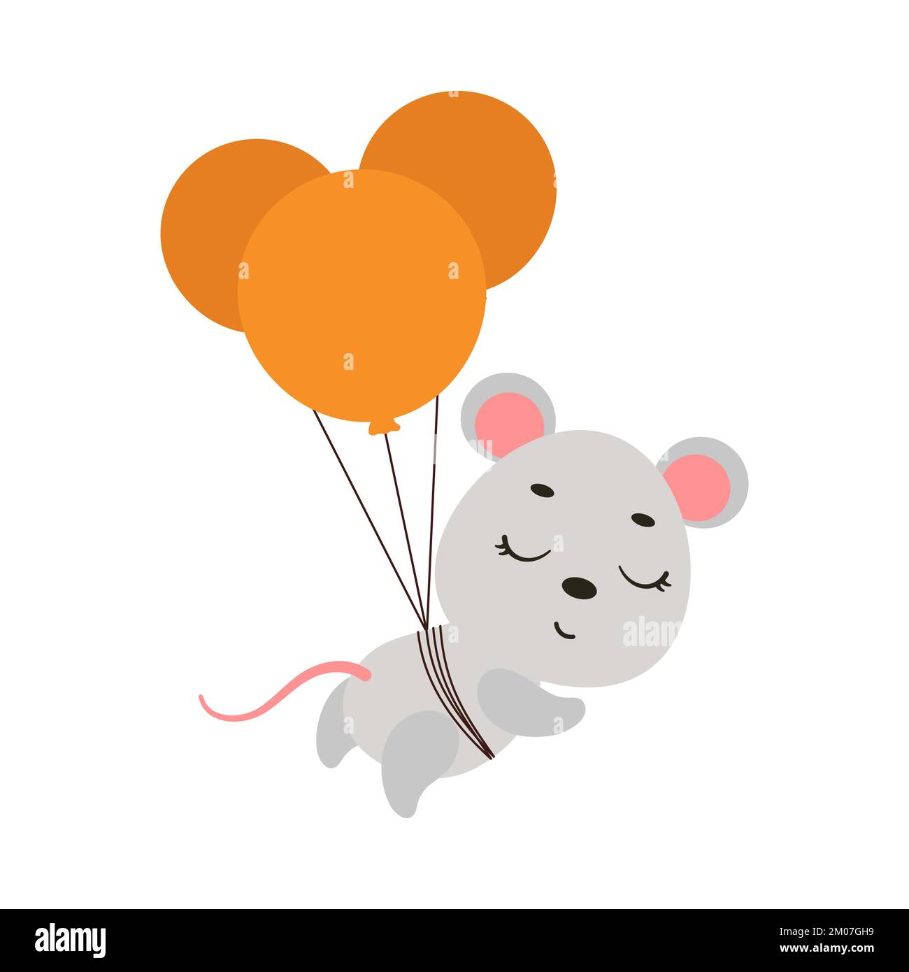 Cute little mouse flying on balloons. Cartoon animal character for kids ...