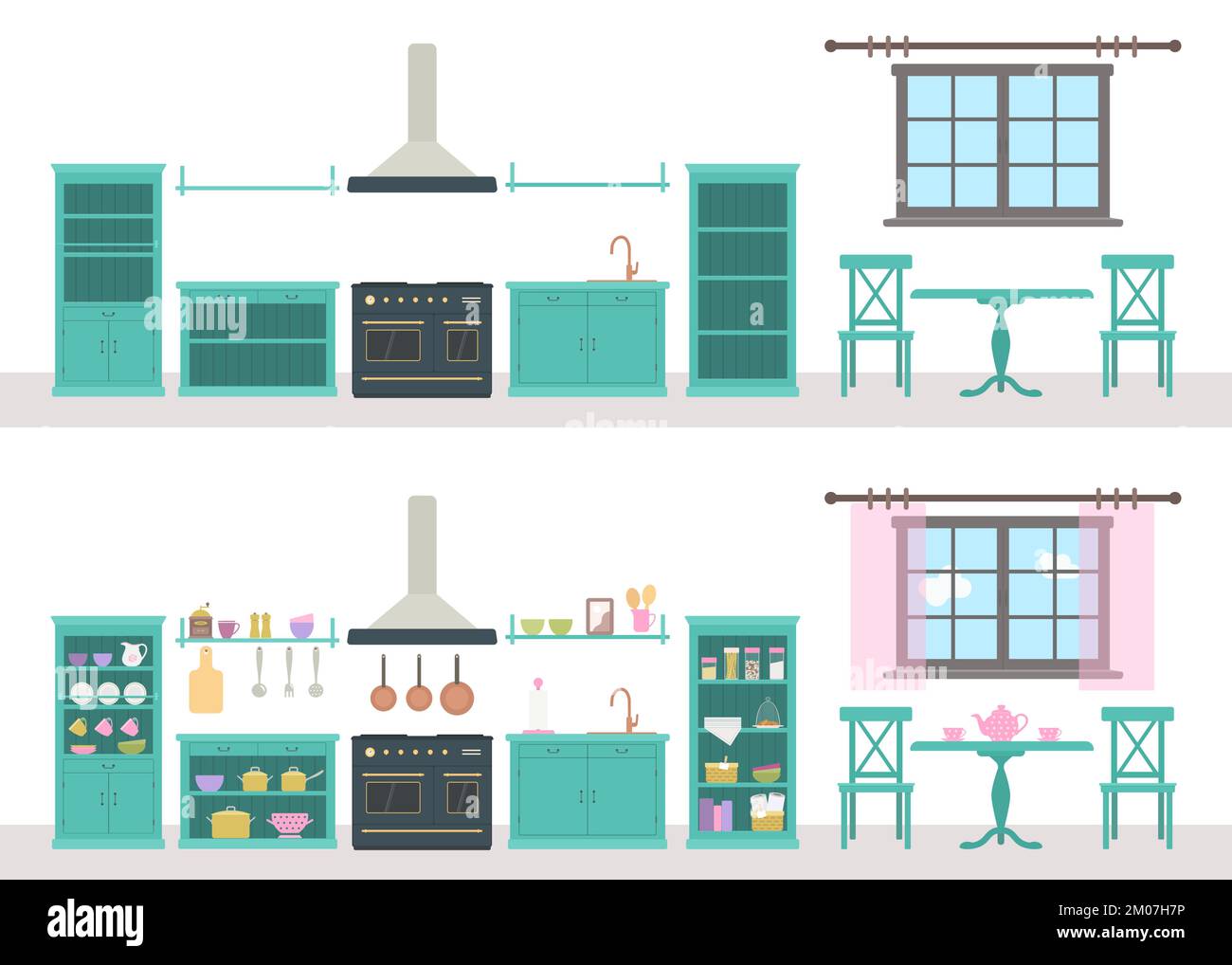 Blue kitchen in Provence style is empty and with utensils Stock Vector ...