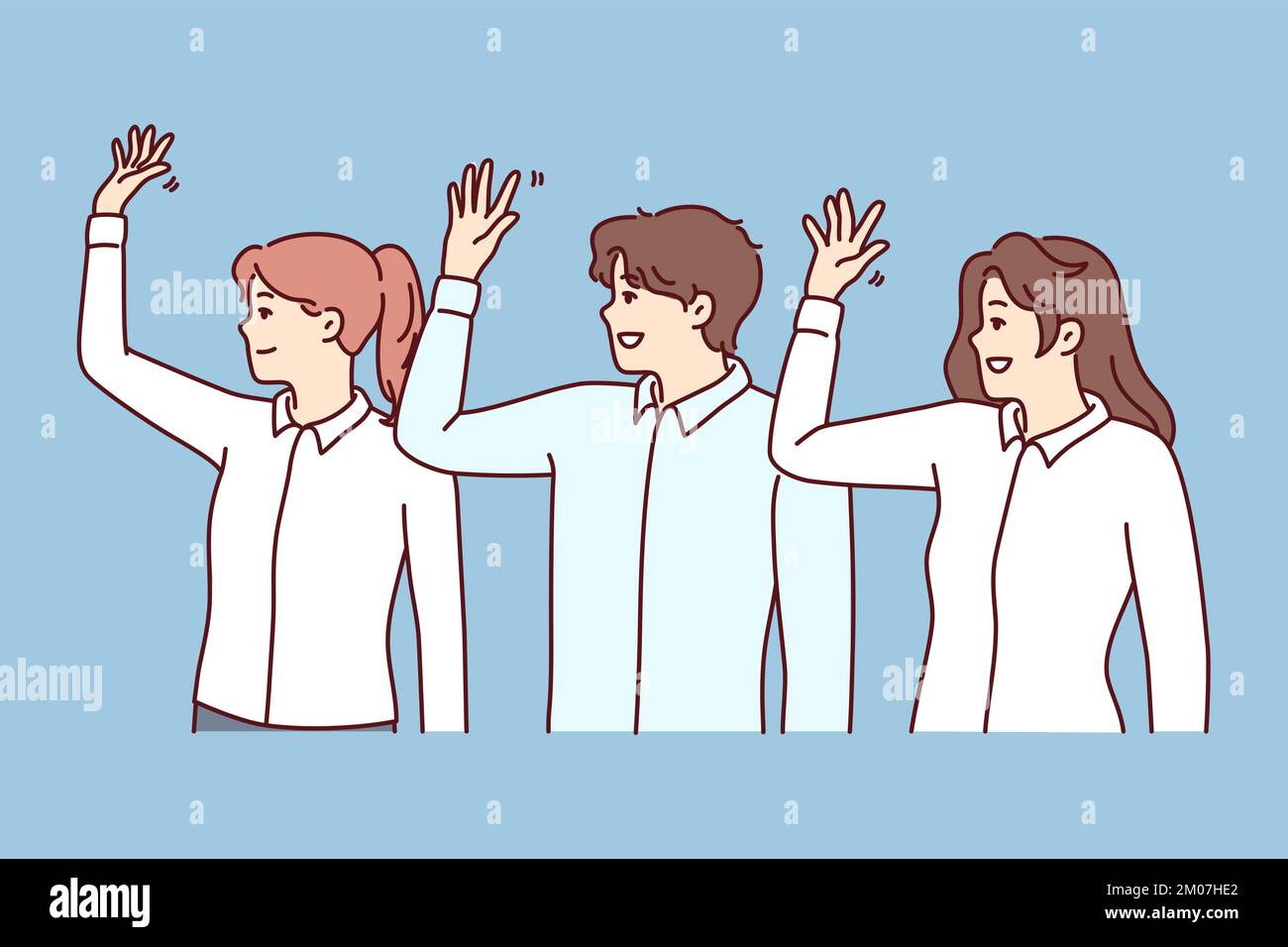 Cheerful man and women in office clothes showing hello gesture ...