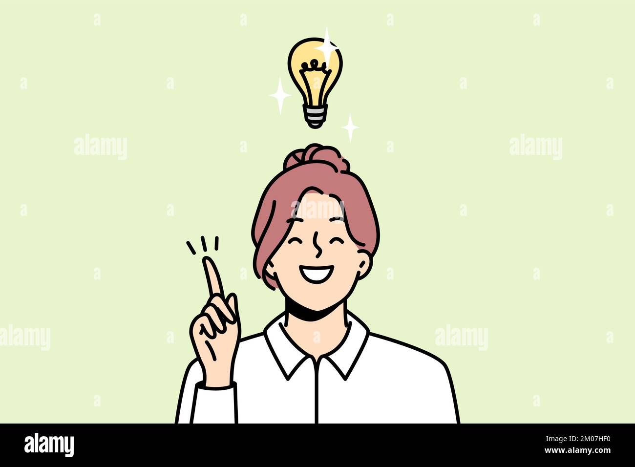 Shining light bulb over head of smiling girl. Woman with index finger ...