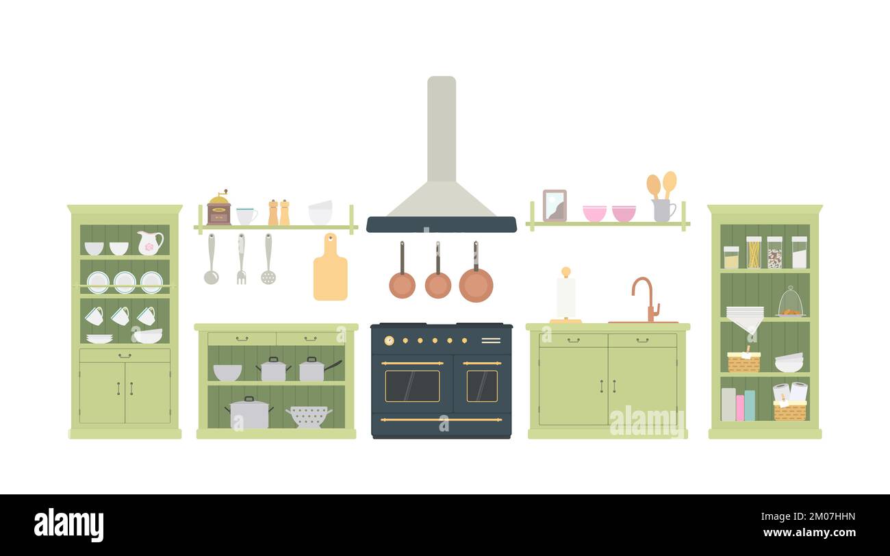 Green kitchen in Provence style with kitchen utensils. Wooden furniture ...