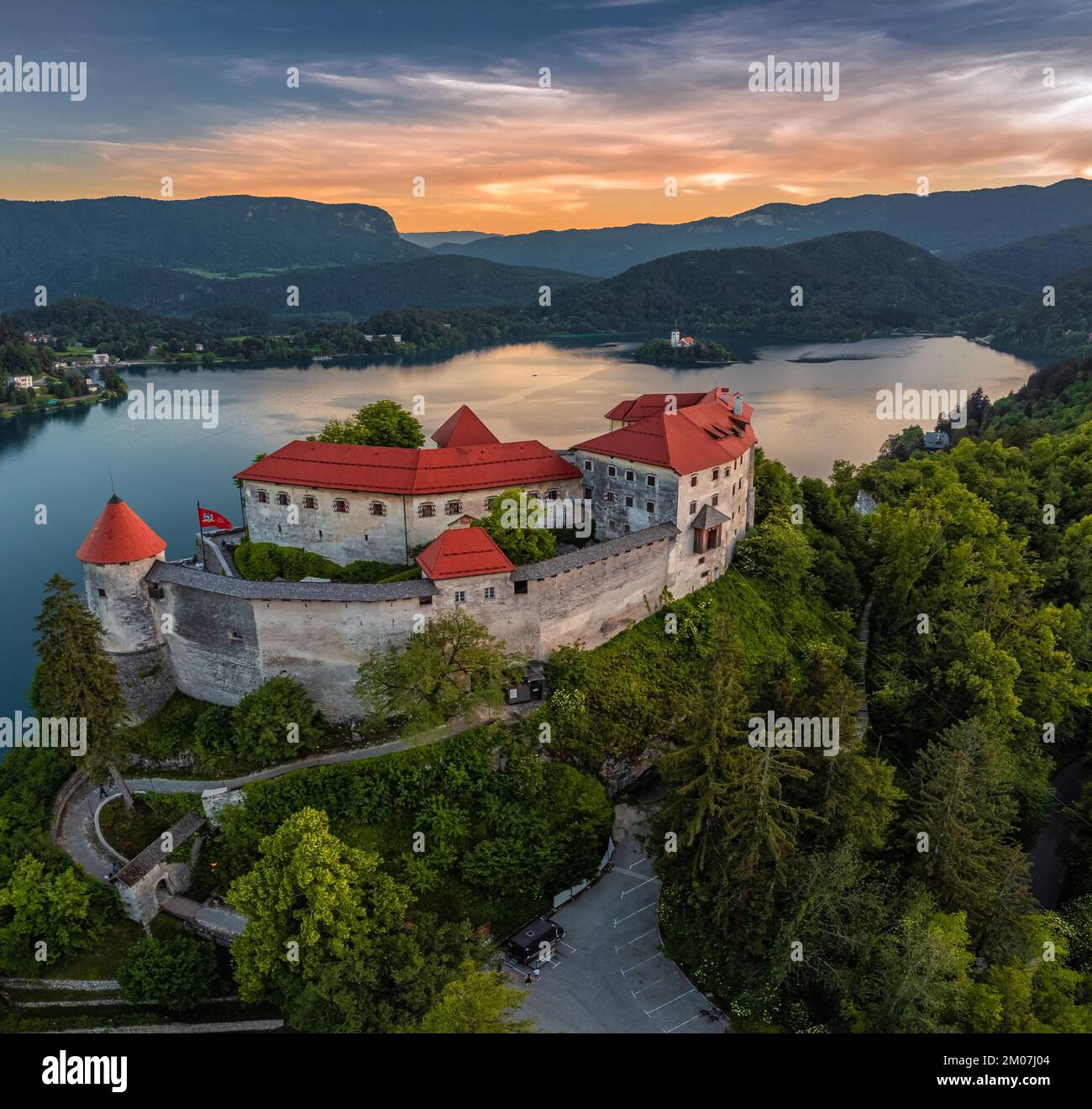 Bled, Slovenia - Aerial panoramic view of beautiful Bled Castle ...