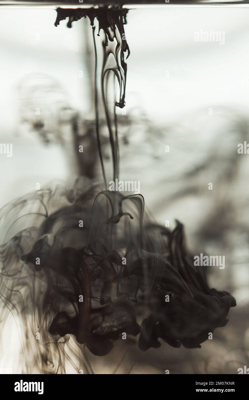 a cloud of ink in a transparent glass cup with clear water amid rays of ...