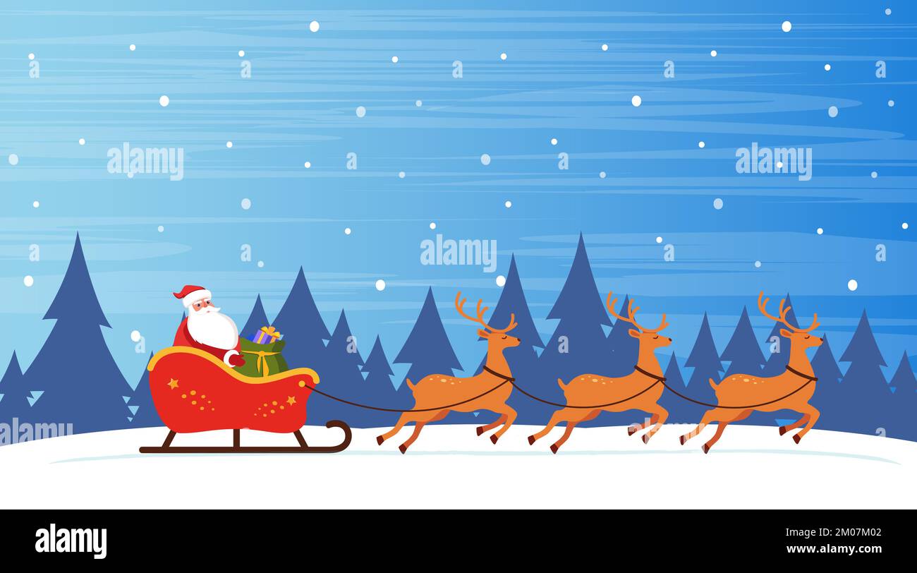 Santa Riding In Sledge With Reindeers on winter snowy background ...