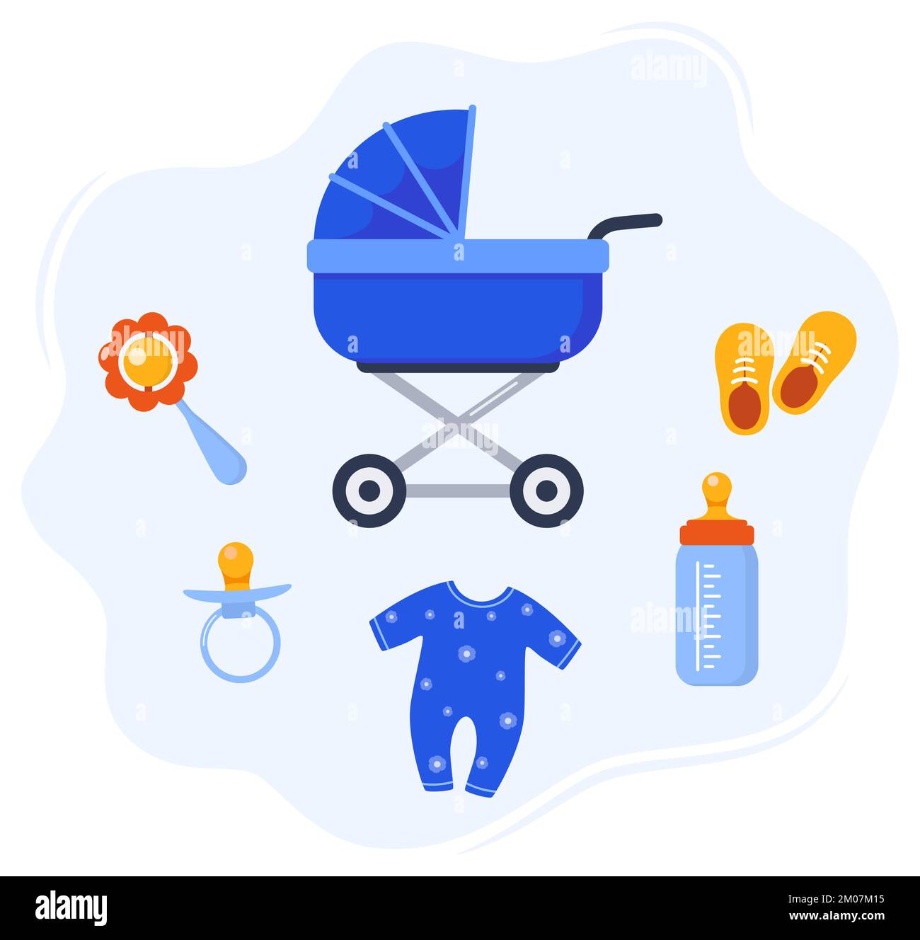 Newborn boy things. Elements for baby upbringing. Collection of bottle ...