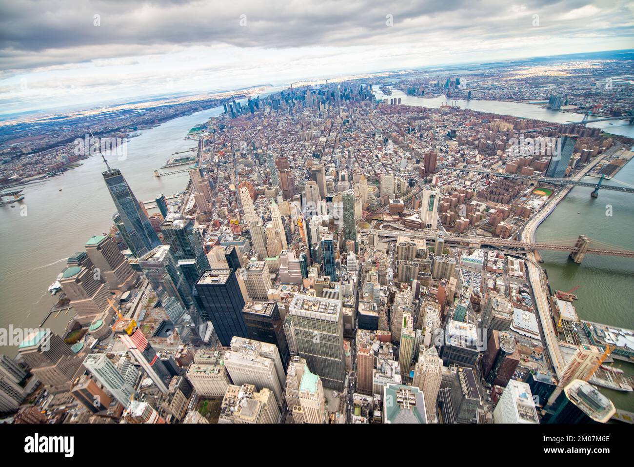 Downtown Manhattan aerial skyline from helicopter in winter season, New ...