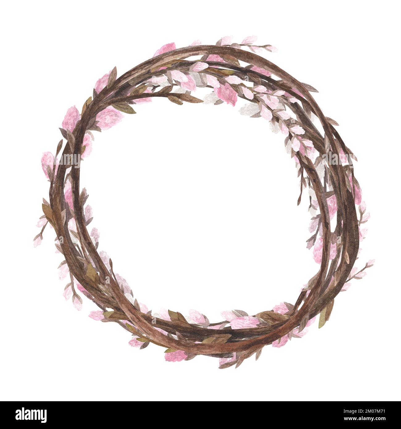 Spring wreath watercolor with pink pussy willow branch, green leaves ...