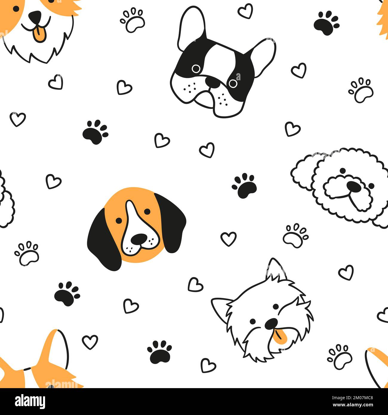 Dogs seamless pattern with face of different breeds. Corgi, Beagle ...