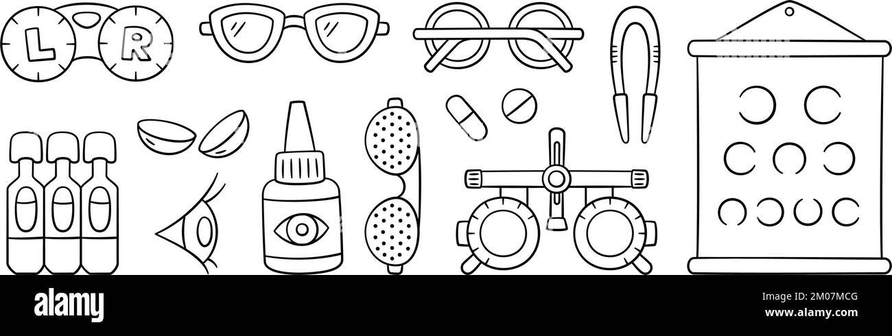 Ophthalmology, optometry hand drawn icon set. Vision test chart ...