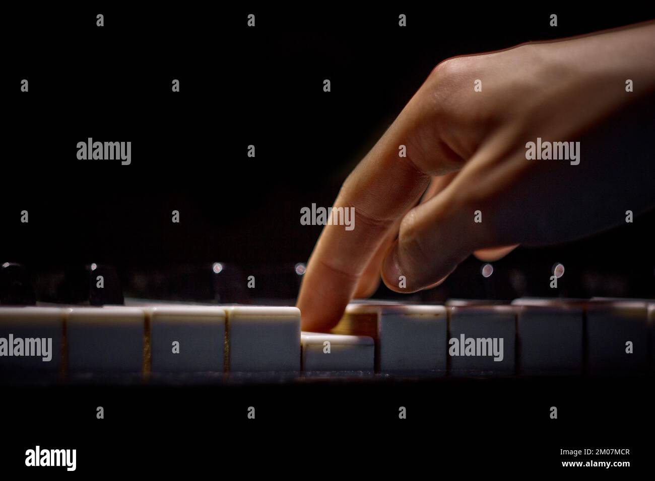 one male hand on the piano. The palm lies on the keys and plays the ...