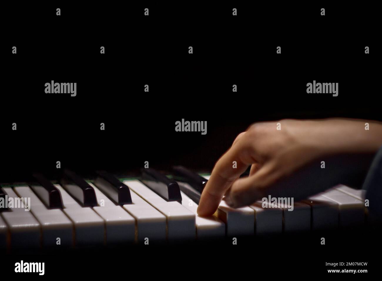 one male hand on the piano. The palm lies on the keys and plays the ...