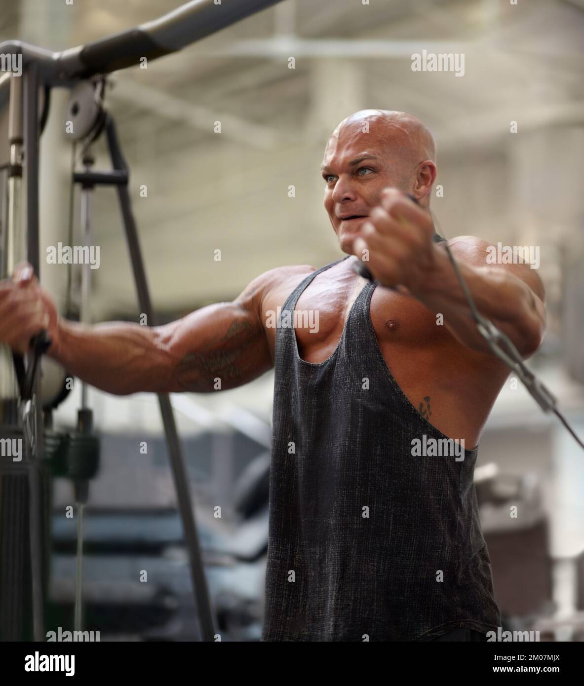 Pushing through the pain. A male bodybuilder using exercise equipment ...