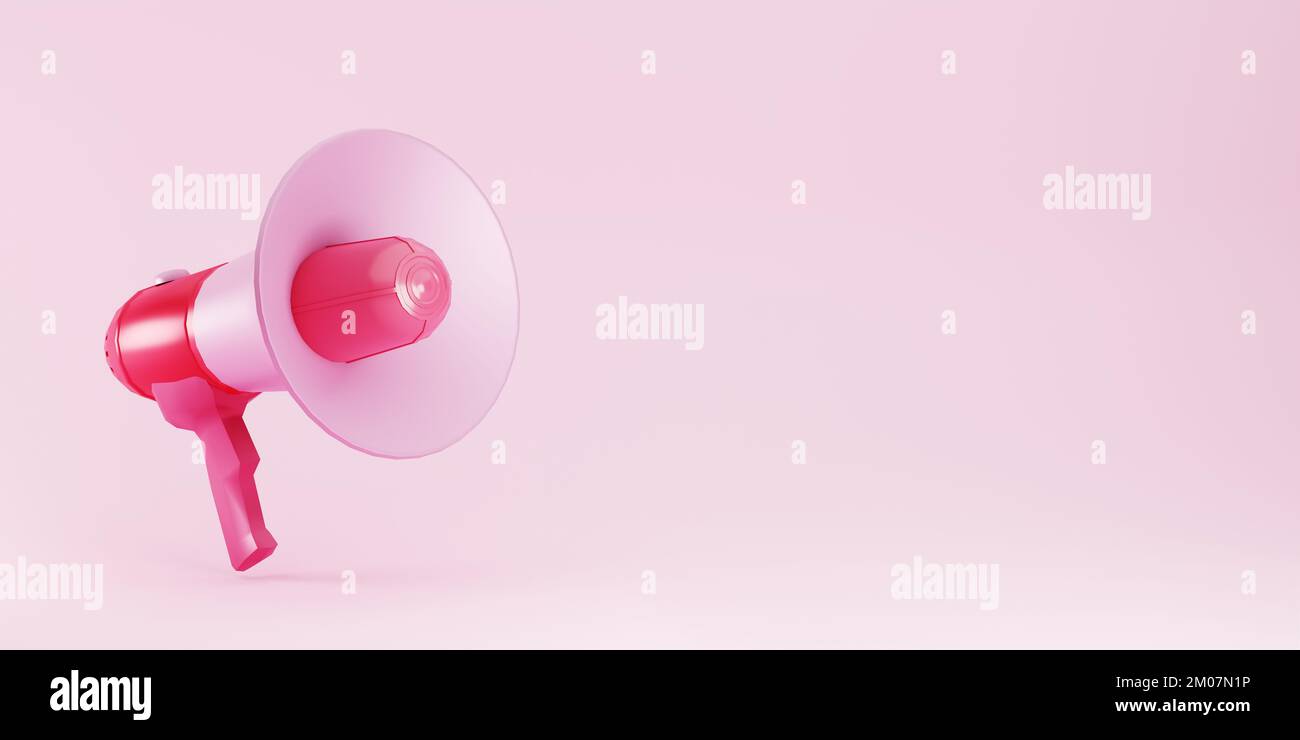 Pink megaphone loudspeaker on pink background with copy space. 3D ...