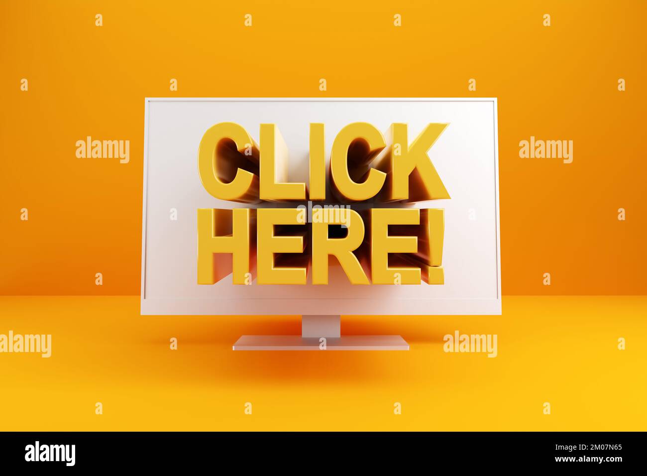 The word CLICK HERE popping out from the pc computer screen. 3D render ...