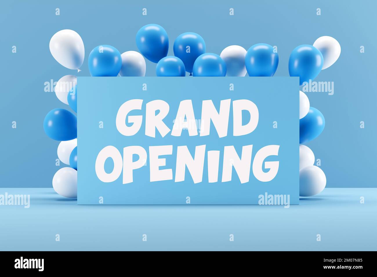 Blue sign with the message GRAND OPENING framed with balloons ...