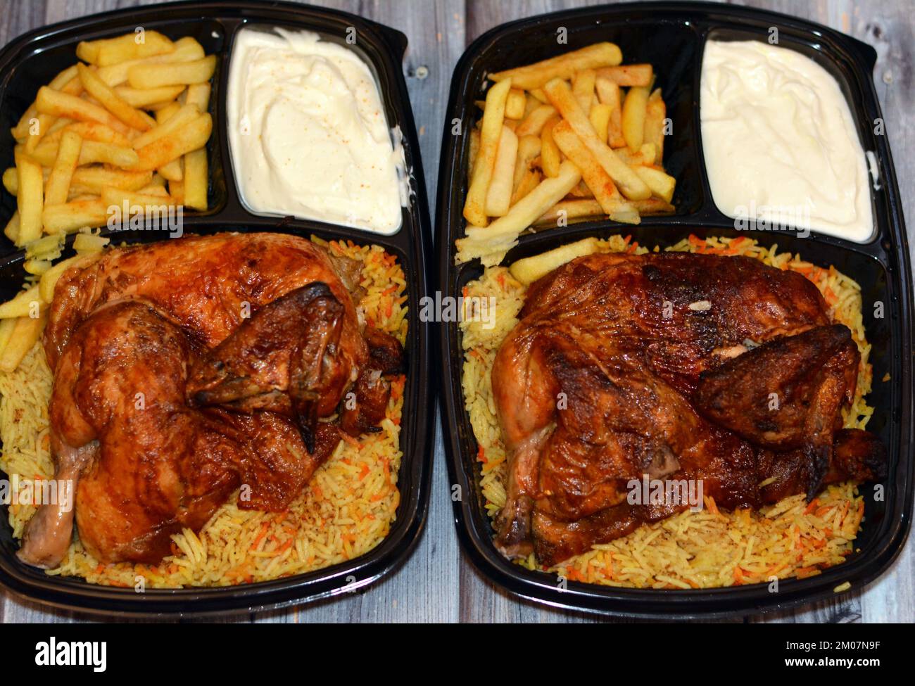 Arabic Syrian cuisine of machine grilled barbecued chicken with ...