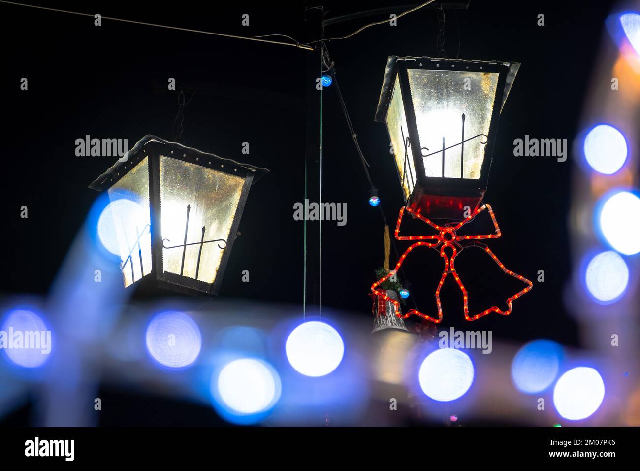 Christmas lights, Christmas decorations on the street. blurred ...