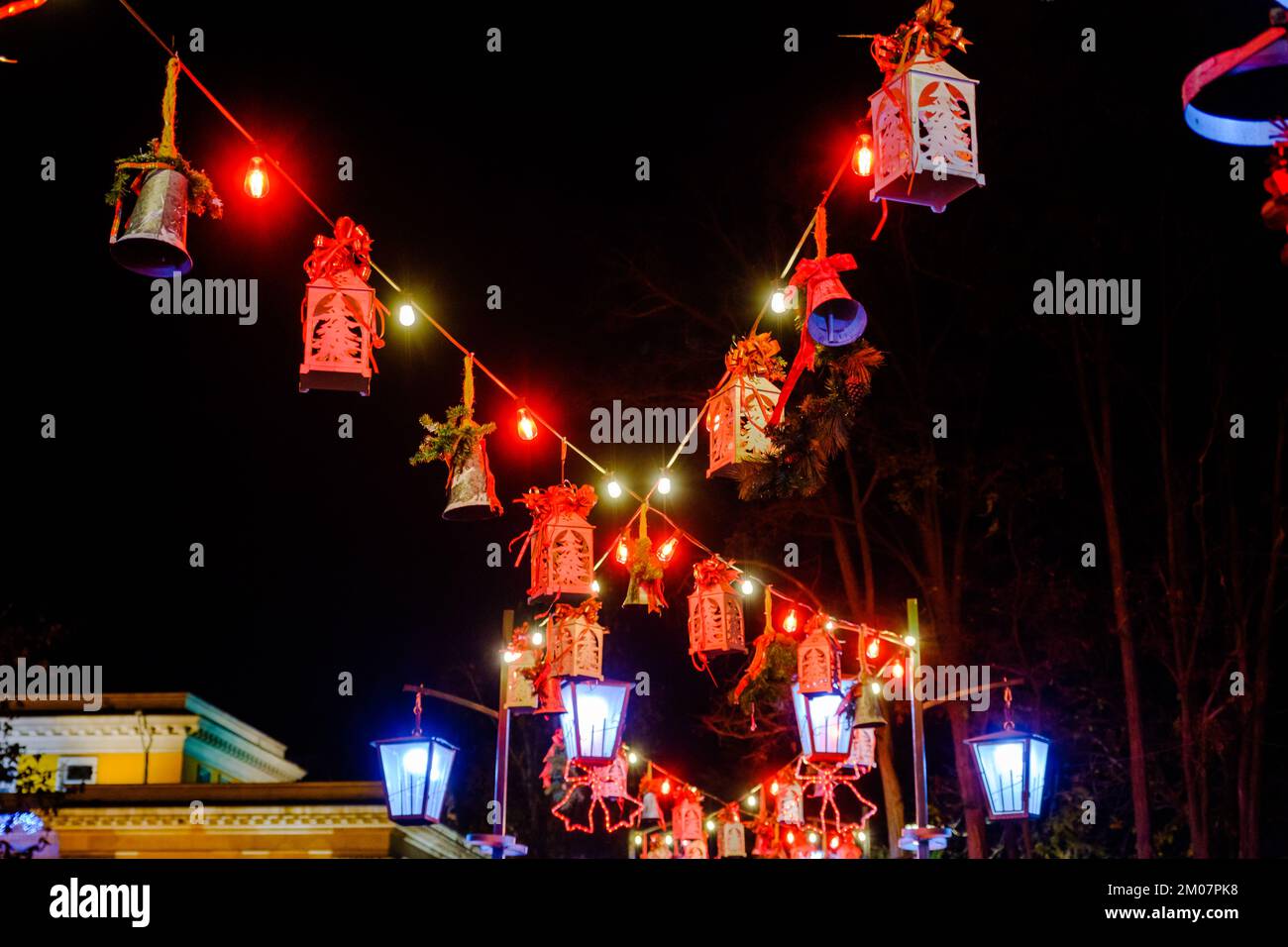Christmas lights, Christmas decorations on the street. blurred ...