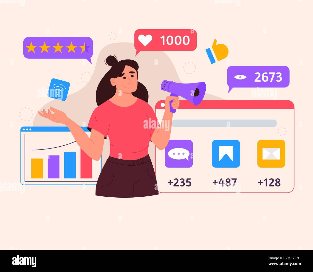 Social media marketing concept with woman with megaphone and icons of ...