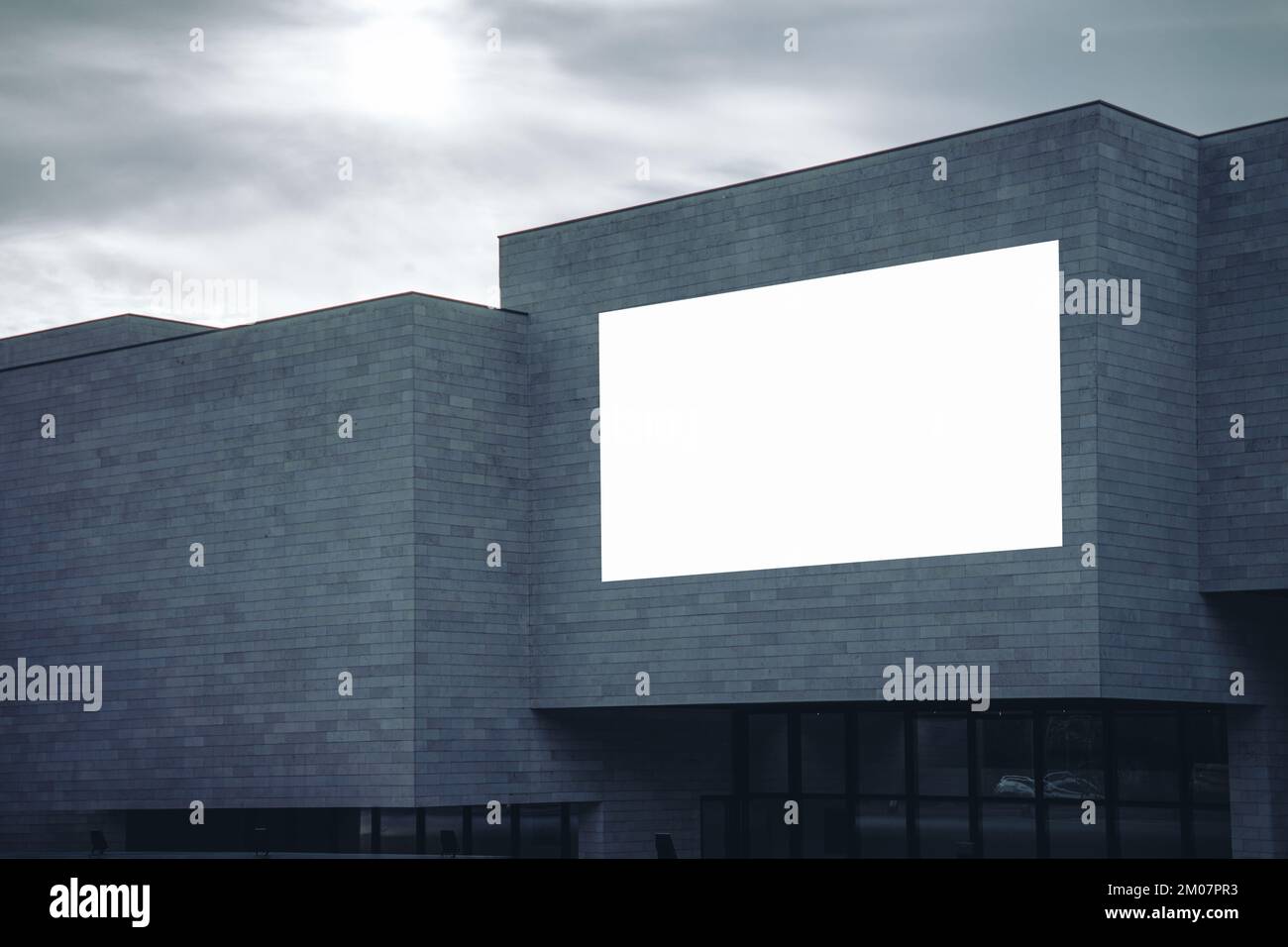 Blank white horizontal billboard sign mockup on building facade, empty ...