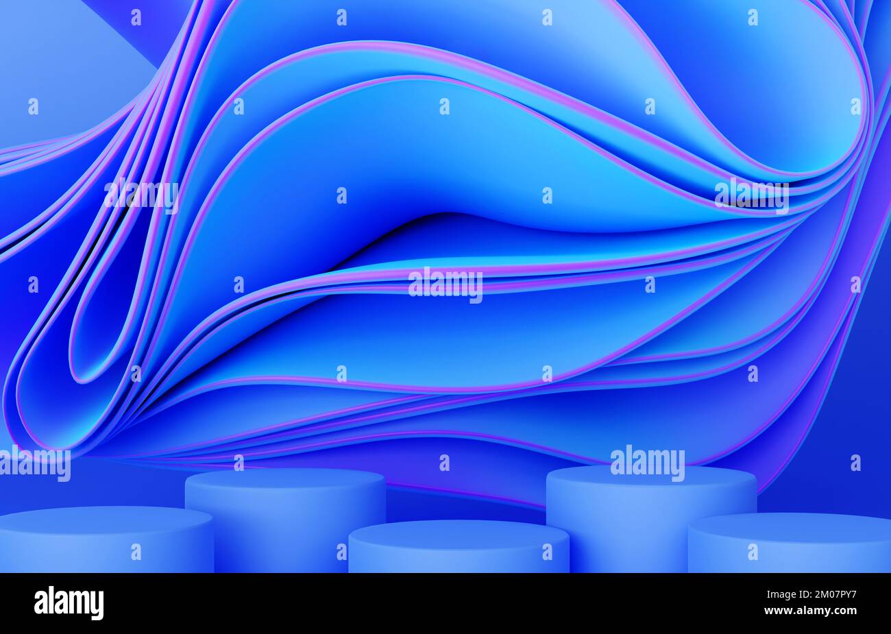 Neon, blue and pink podium background with abstract wavy cloth, folded ...