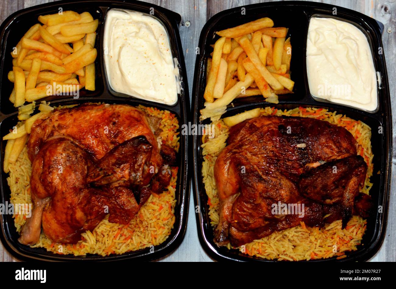Arabic Syrian cuisine of machine grilled barbecued chicken with ...