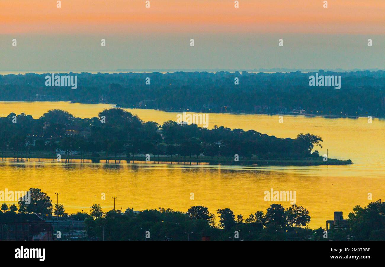 Sunset on Belle Isle and the Detroit River in Detroit, Michigan, USA ...