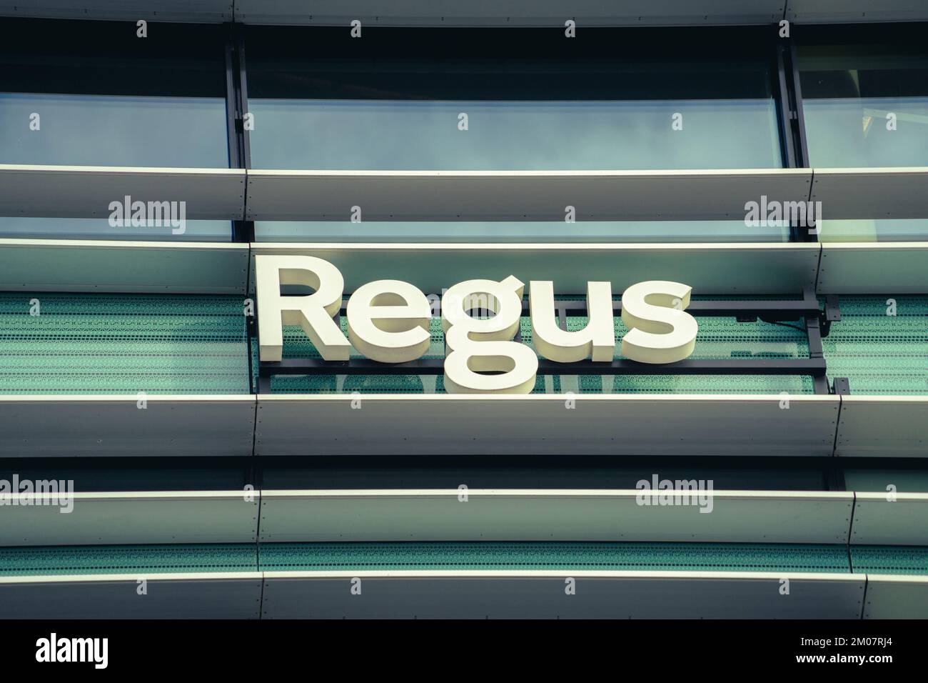 Vilnius, Lithuania - November 9, 2022: Regus logo sign on modern office ...