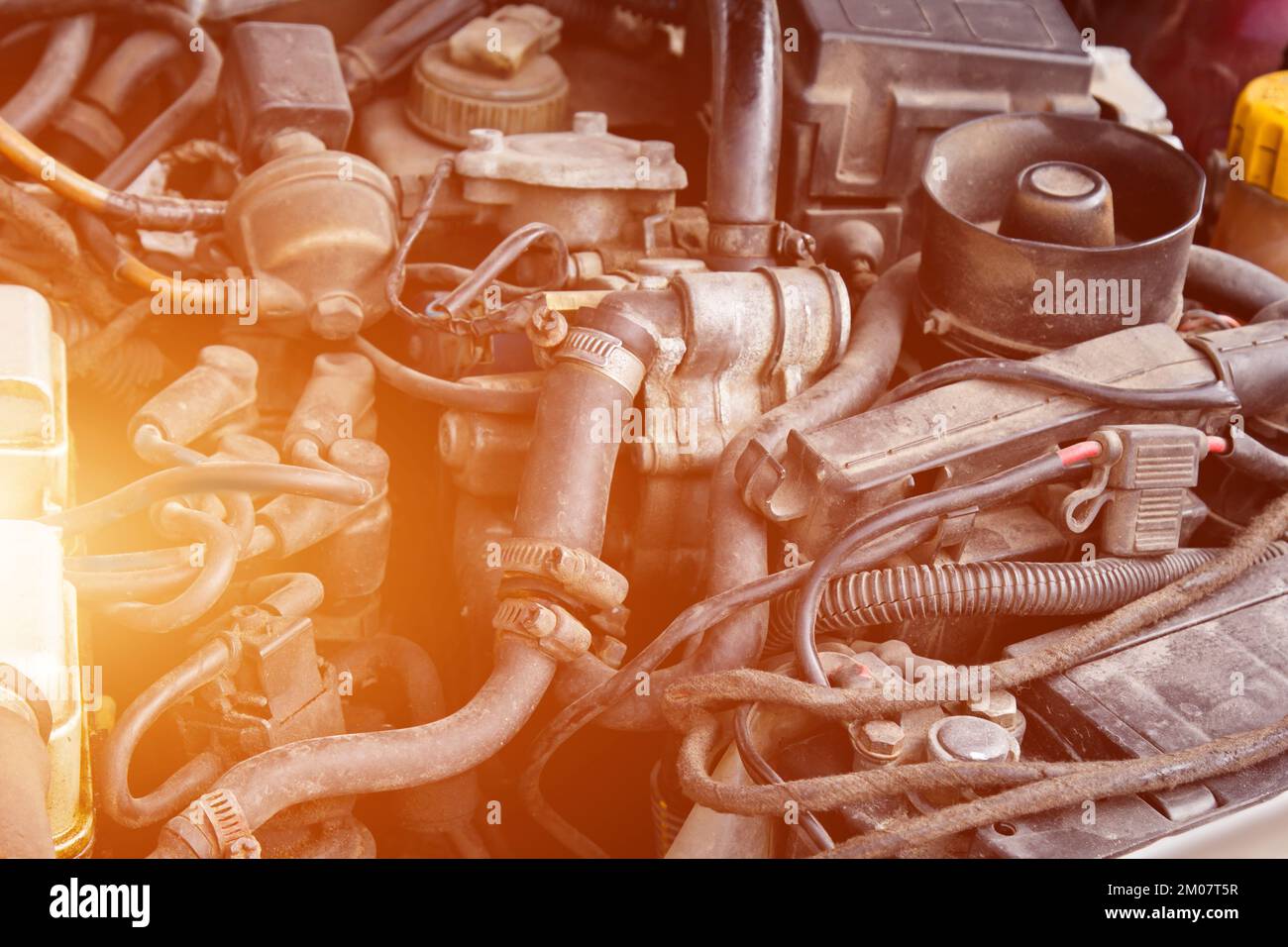 Under the hood of sports car. Powerful engine closeup. Clean motor ...