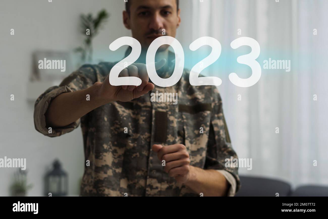 Stop the War concept. Text and hand virtual numbers 2023, military ...