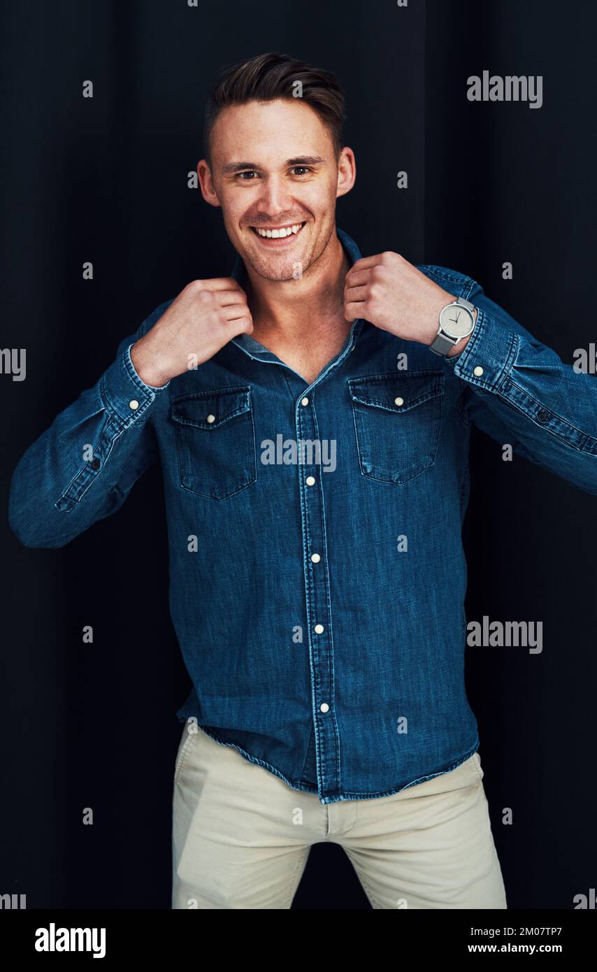 Man, fashion and stylish clothes on black background or studio mockup ...