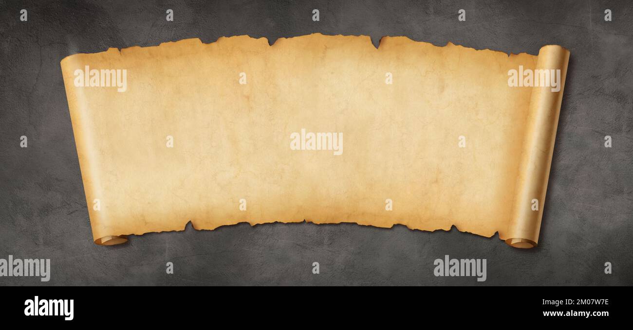 Old paper horizontal banner. Parchment scroll on a concrete wall ...