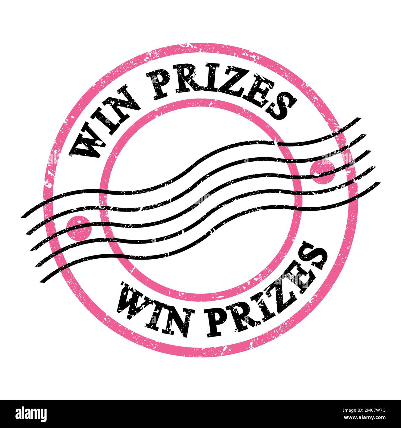 WIN PRIZES, text written on pink-black grungy postal stamp Stock Photo ...
