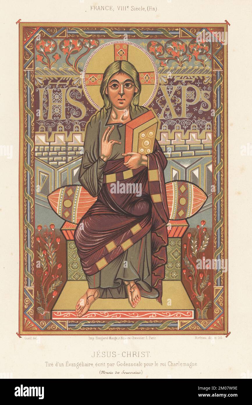 Christ in Majesty in late 8th century French costume. In halo with ...