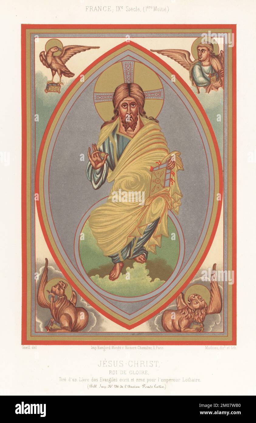 Miniature of Jesus Christ at his ascension. In halo, seated with the ...