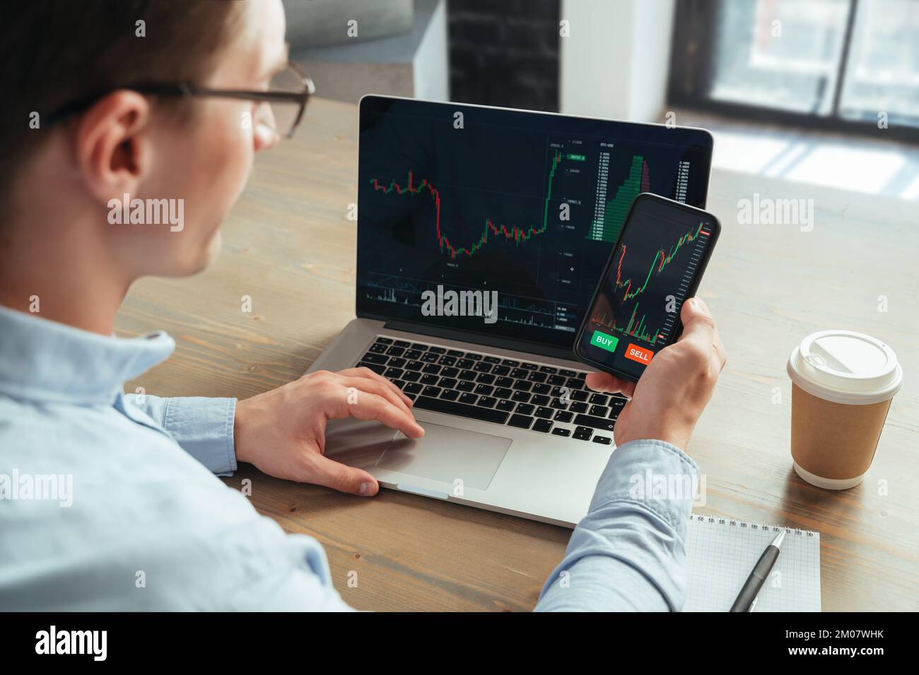 Rare view cropped closeup picture of intelligent successful crypto ...