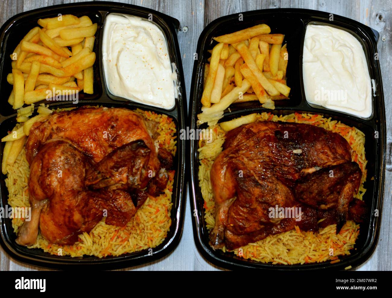 Arabic Syrian cuisine of machine grilled barbecued chicken with ...