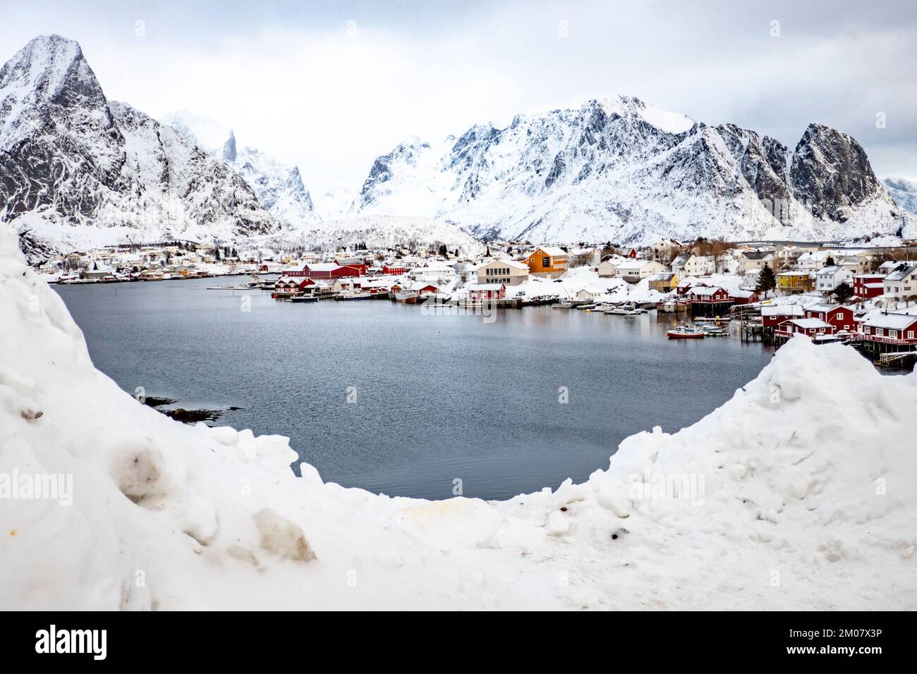 scenic landscape photography. Cloudy winter view of Nusfjord town ...