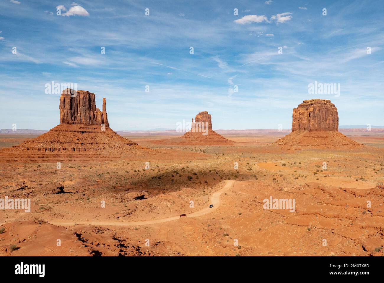 scenic view to monument valley with butte and blue sky, USA Stock Photo ...